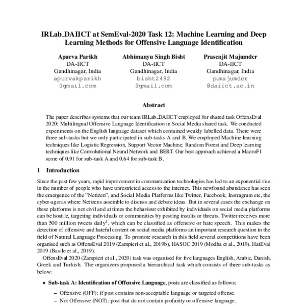 IRLab_DAIICT at SemEval-2020 Task 12: Machine Learning and Deep Learning Methods for Offensive ...