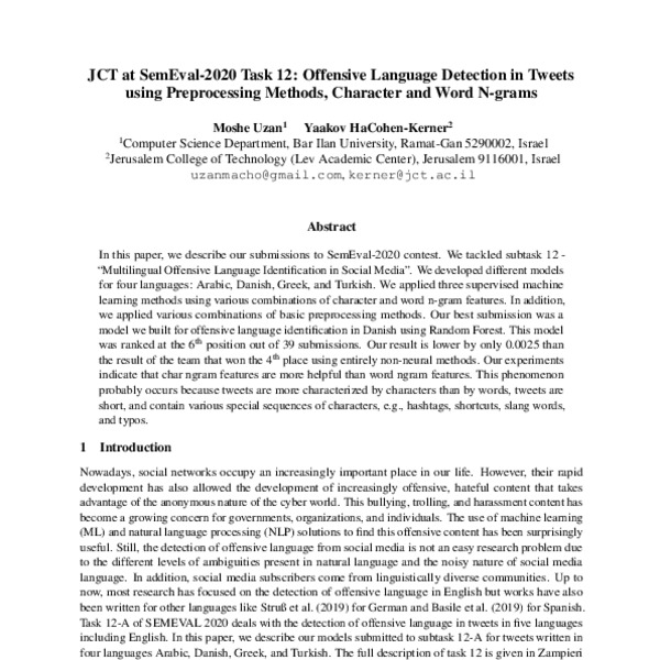 JCT at SemEval-2020 Task 12: Offensive Language Detection in Tweets Using Preprocessing Methods ...