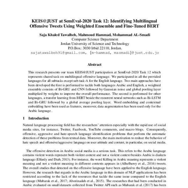 KEIS@JUST at SemEval-2020 Task 12: Identifying Multilingual Offensive Tweets Using Weighted ...