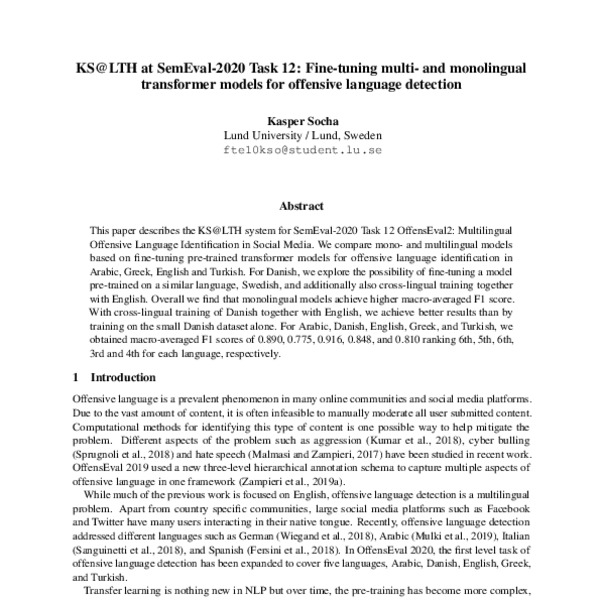 KS@LTH at SemEval-2020 Task 12: Fine-tuning Multi- and Monolingual Transformer Models for ...
