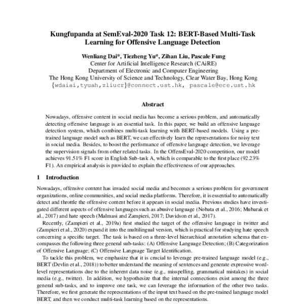 Kungfupanda at SemEval-2020 Task 12: BERT-Based Multi-TaskLearning for Offensive Language ...