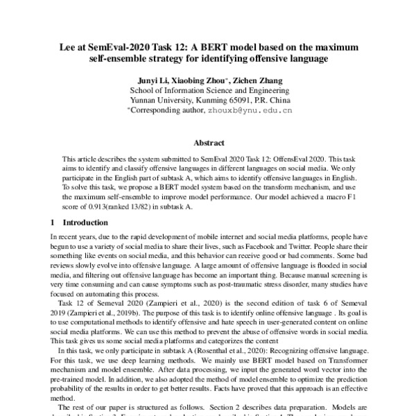Lee at SemEval-2020 Task 12: A BERT Model Based on the Maximum Self-ensemble Strategy for ...