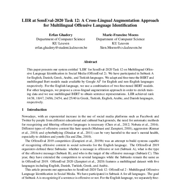 LIIR at SemEval-2020 Task 12: A Cross-Lingual Augmentation Approach for Multilingual Offensive ...