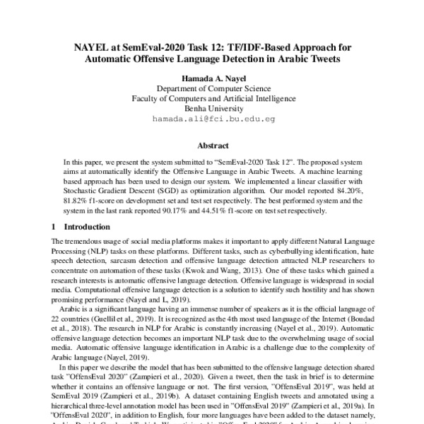 NAYEL at SemEval-2020 Task 12: TF/IDF-Based Approach for Automatic Offensive Language Detection ...
