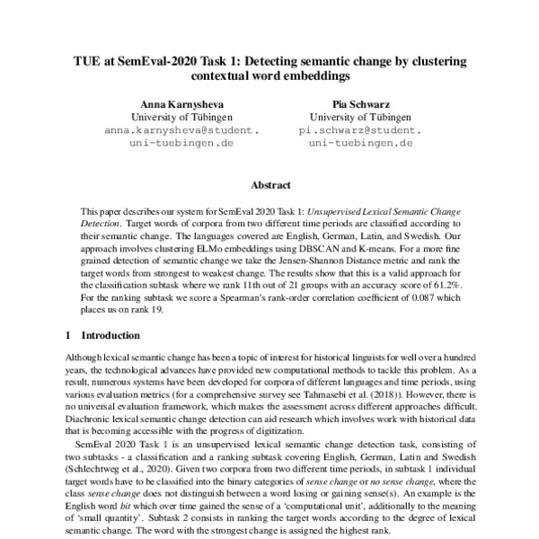 TUE at SemEval-2020 Task 1: Detecting Semantic Change by Clustering Contextual Word Embeddings ...