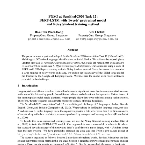 PGSG at SemEval-2020 Task 12: BERT-LSTM with Tweets’ Pretrained Model and Noisy Student Training ...