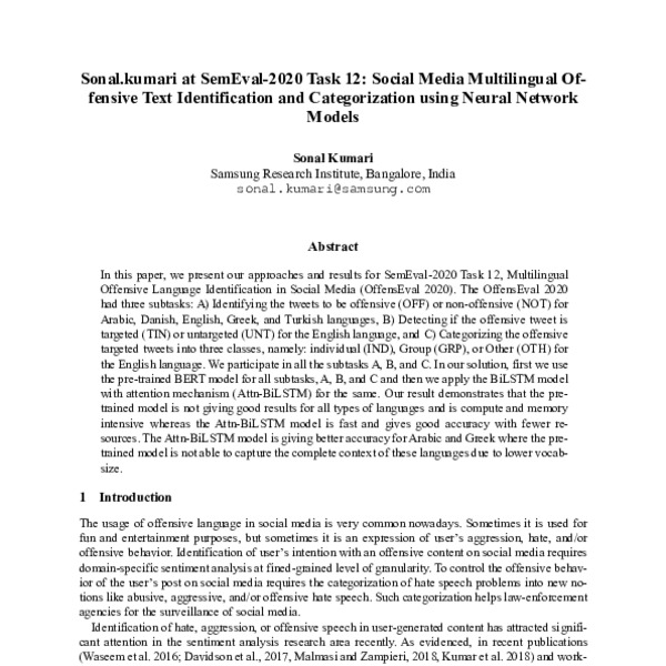 Sonal.kumari at SemEval-2020 Task 12: Social Media Multilingual Offensive Text Identification ...