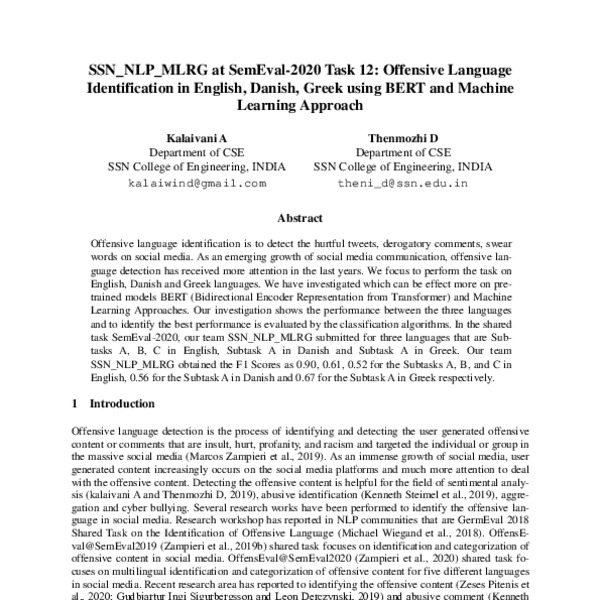 SSN_NLP_MLRG at SemEval-2020 Task 12: Offensive Language Identification in English, Danish ...