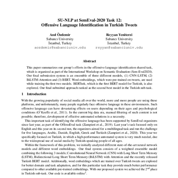SU-NLP at SemEval-2020 Task 12: Offensive Language IdentifiCation in Turkish Tweets - ACL Anthology