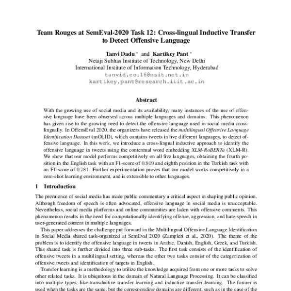 Team Rouges at SemEval-2020 Task 12: Cross-lingual Inductive Transfer to Detect Offensive ...