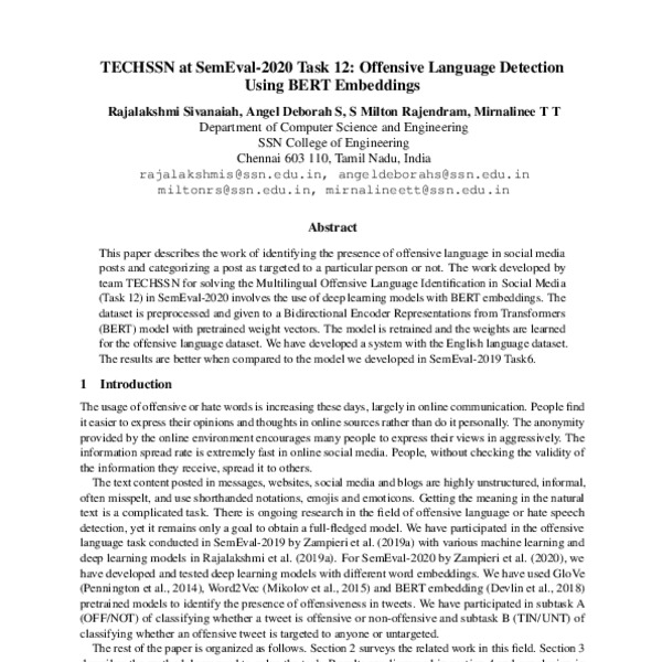 Techssn At Semeval 2020 Task 12 Offensive Language Detection Using Bert Embeddings Acl Anthology