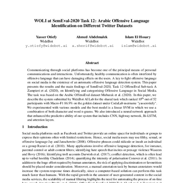 WOLI at SemEval-2020 Task 12: Arabic Offensive Language Identification ...