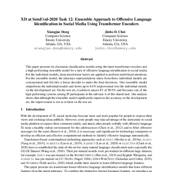 XD at SemEval-2020 Task 12: Ensemble Approach to Offensive Language Identification in Social ...