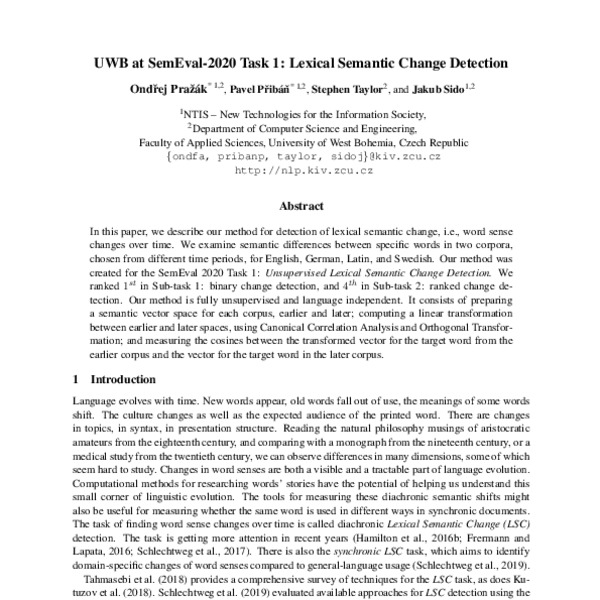 UWB at SemEval-2020 Task 1: Lexical Semantic Change Detection - ACL Anthology