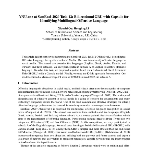 YNU_oxz at SemEval-2020 Task 12: Bidirectional GRU with Capsule for Identifying Multilingual ...