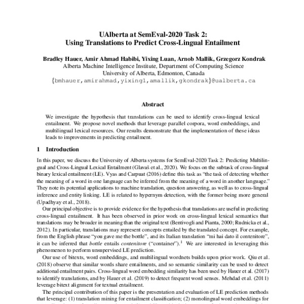Ualberta At Semeval 2020 Task 2 Using Translations To Predict Cross Lingual Entailment Acl