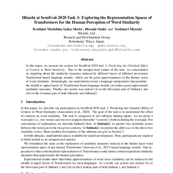 Hitachi At Semeval 2020 Task 3 Exploring The Representation Spaces Of Transformers For Human