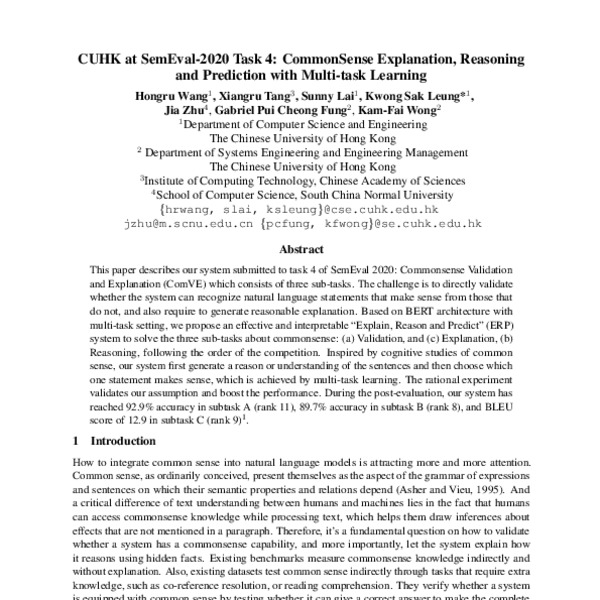 CUHK at SemEval-2020 Task 4: CommonSense Explanation, Reasoning and Prediction with Multi-task ...