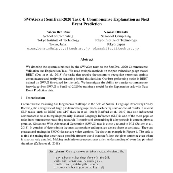 SWAGex at SemEval-2020 Task 4: Commonsense Explanation as Next Event Prediction - ACL Anthology