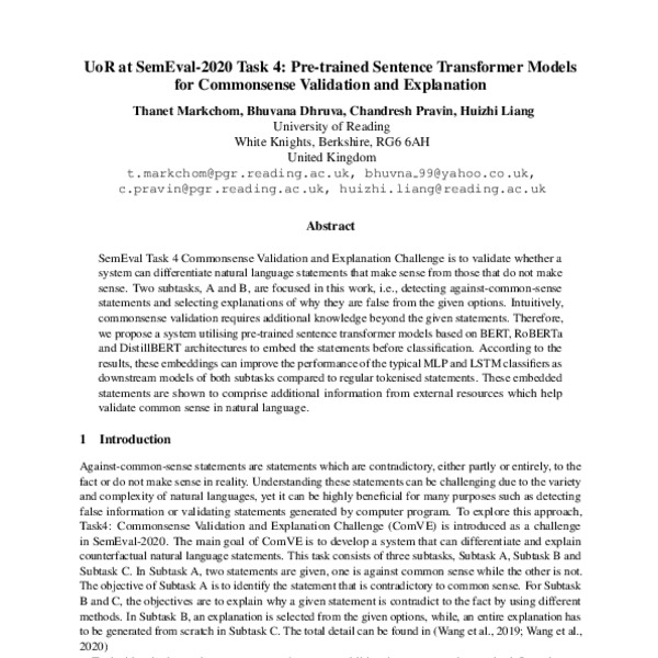 UoR at SemEval-2020 Task 4: Pre-trained Sentence Transformer Models for ...