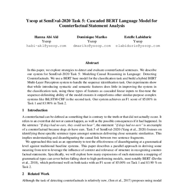 Yseop at SemEval-2020 Task 5: Cascaded BERT Language Model for ...