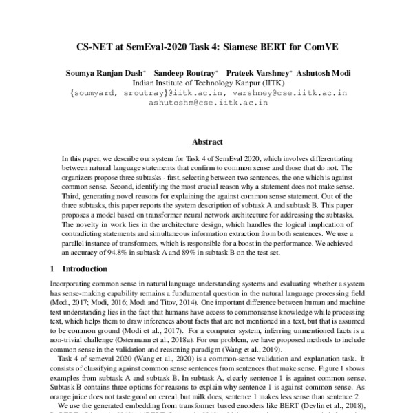 Cs Net At Semeval 2020 Task 4 Siamese Bert For Comve Acl Anthology