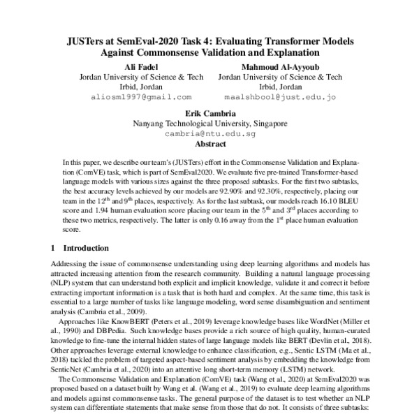 JUSTers at SemEval-2020 Task 4: Evaluating Transformer Models against Commonsense Validation and ...