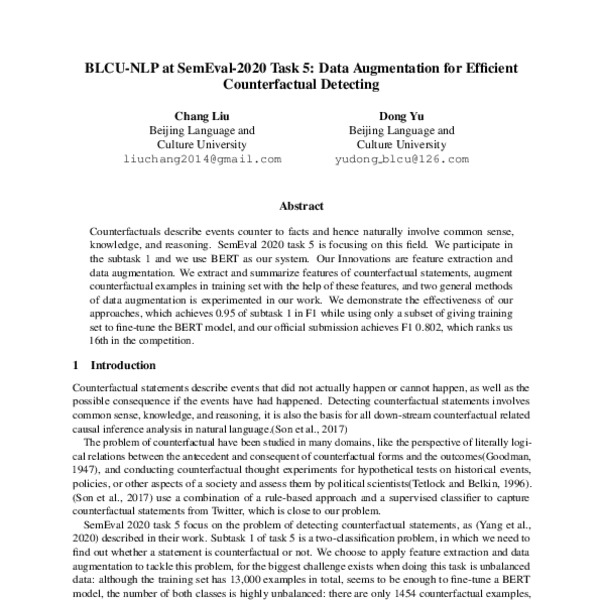 Blcu Nlp At Semeval 2020 Task 5 Data Augmentation For Efficient Counterfactual Detecting Acl