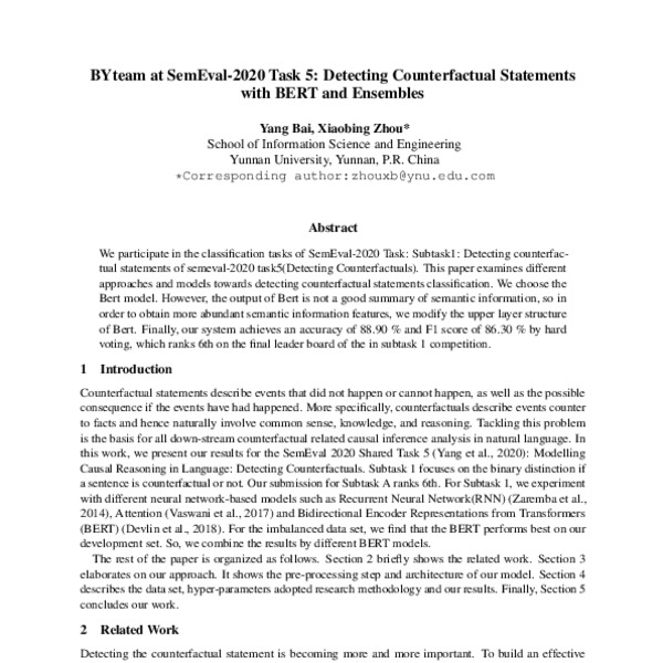 Byteam At Semeval 2020 Task 5 Detecting Counterfactual Statements With Bert And Ensembles Acl