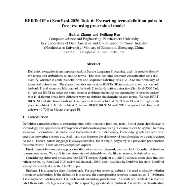 Bertatde At Semeval 2020 Task 6 Extracting Term Definition Pairs In Free Text Using Pre Trained