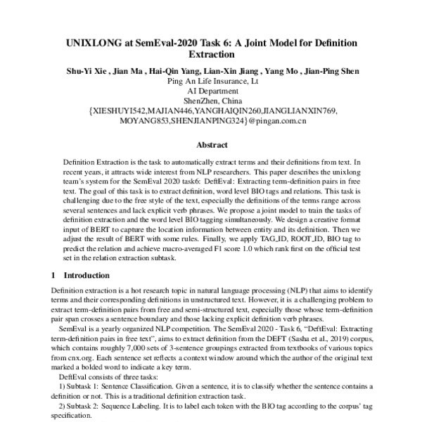 UNIXLONG at SemEval-2020 Task 6: A Joint Model for Definition Extraction - ACL Anthology