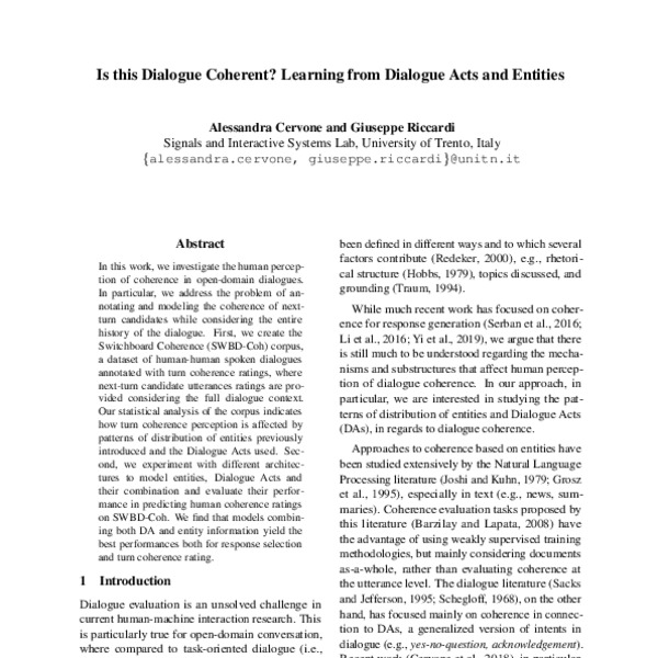 Is this Dialogue Coherent? Learning from Dialogue Acts and Entities ...