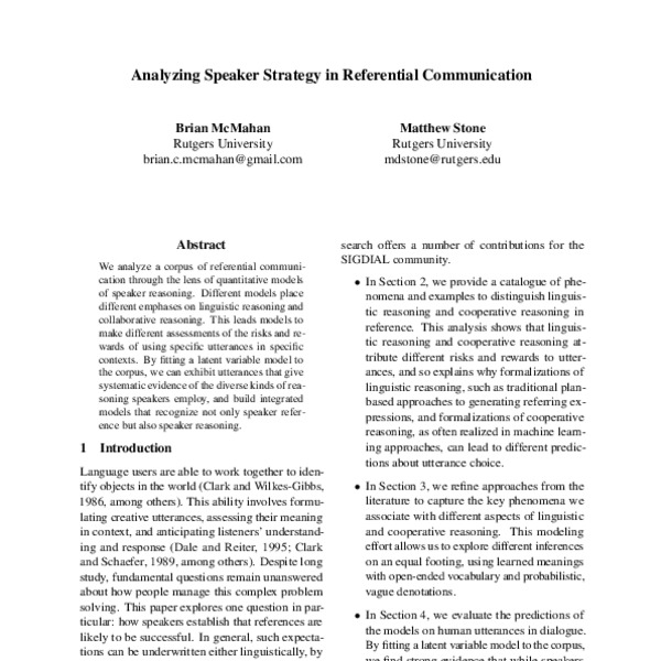 Analyzing Speaker Strategy in Referential Communication - ACL Anthology