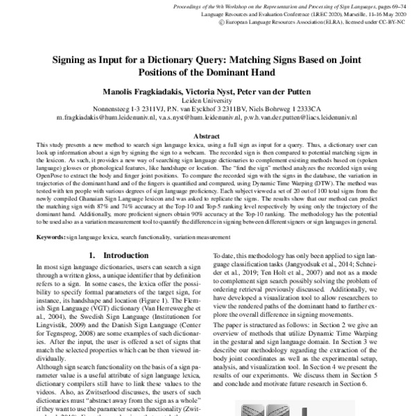 Signing as Input for a Dictionary Query: Matching Signs Based on Joint ...