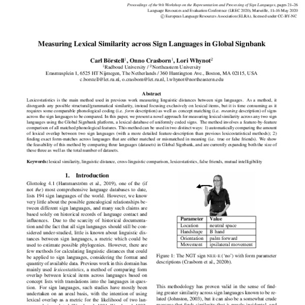 Measuring Lexical Similarity across Sign Languages in Global Signbank ...