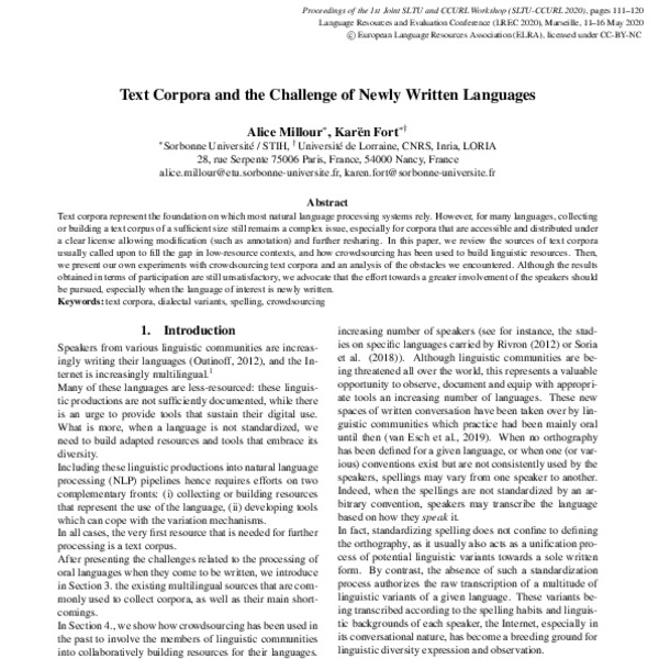 Text Corpora and the Challenge of Newly Written Languages - ACL Anthology
