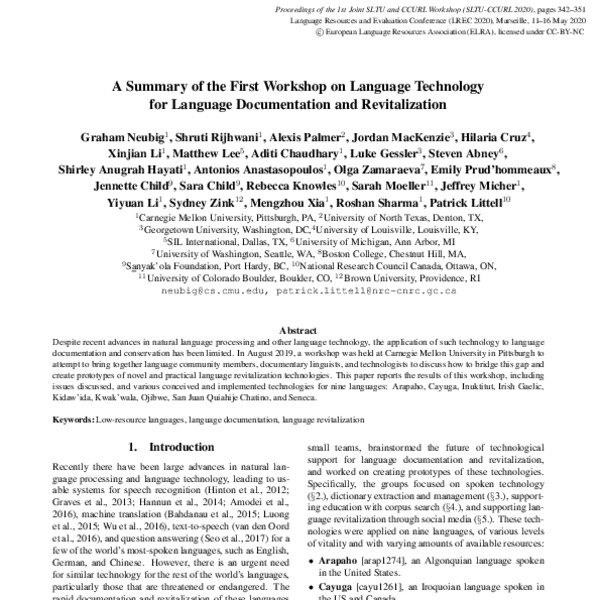 A Summary of the First Workshop on Language Technology for Language ...