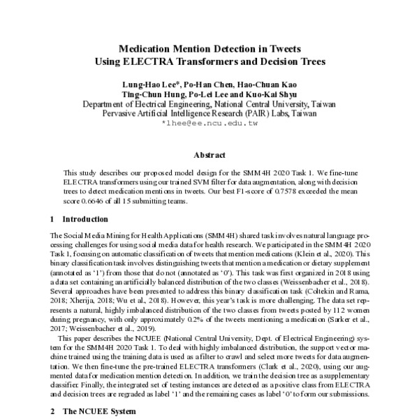 Medication Mention Detection in Tweets Using ELECTRA Transformers and ...