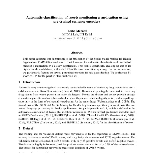 Automatic Classification of Tweets Mentioning a Medication Using Pre ...