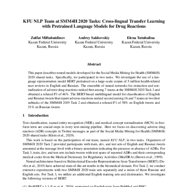 Kfu Nlp Team At Smm4h 2020 Tasks Cross Lingual Transfer Learning With Pretrained Language