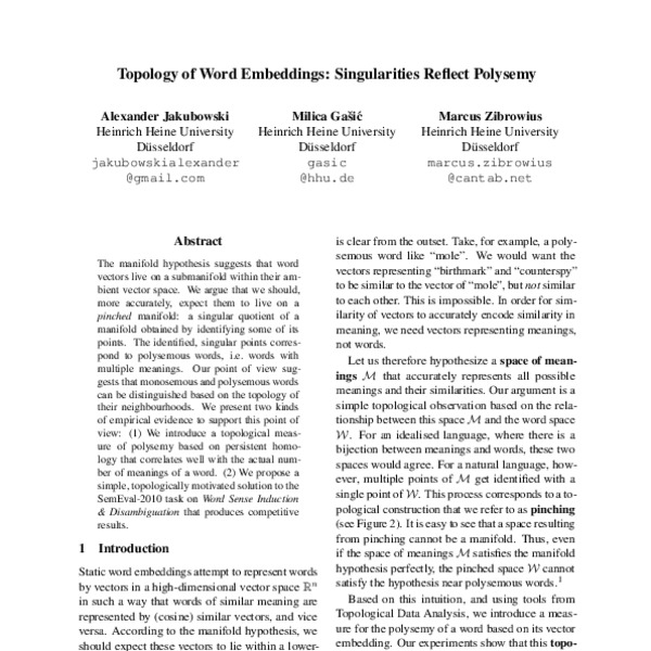 Topology of Word Embeddings: Singularities Reflect Polysemy - ACL Anthology