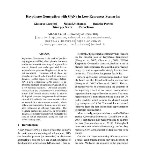 Keyphrase Generation with GANs in Low-Resources Scenarios - ACL Anthology