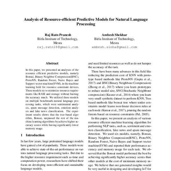 Analysis of Resource-efficient Predictive Models for Natural Language Processing - ACL Anthology