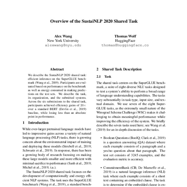 Overview of the SustaiNLP 2020 Shared Task - ACL Anthology