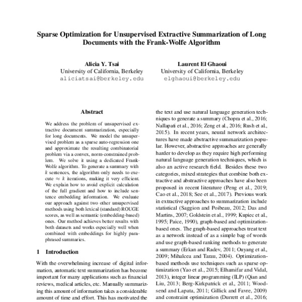 Sparse Optimization for Unsupervised Extractive Summarization of Long Documents with the Frank ...