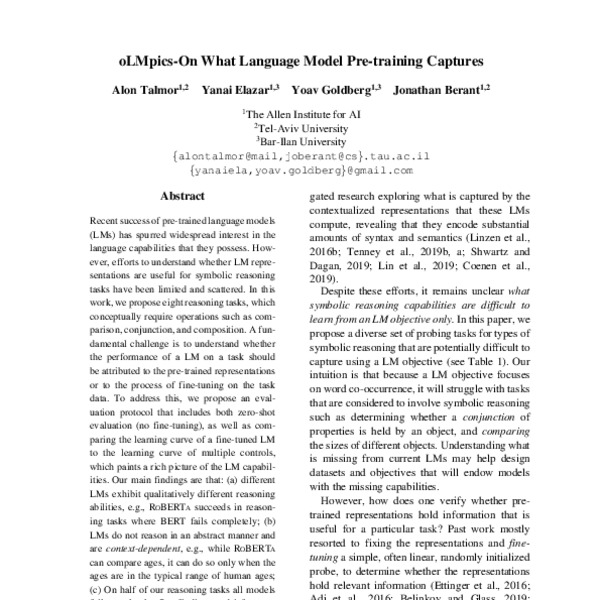 oLMpics-On What Language Model Pre-training Captures - ACL Anthology