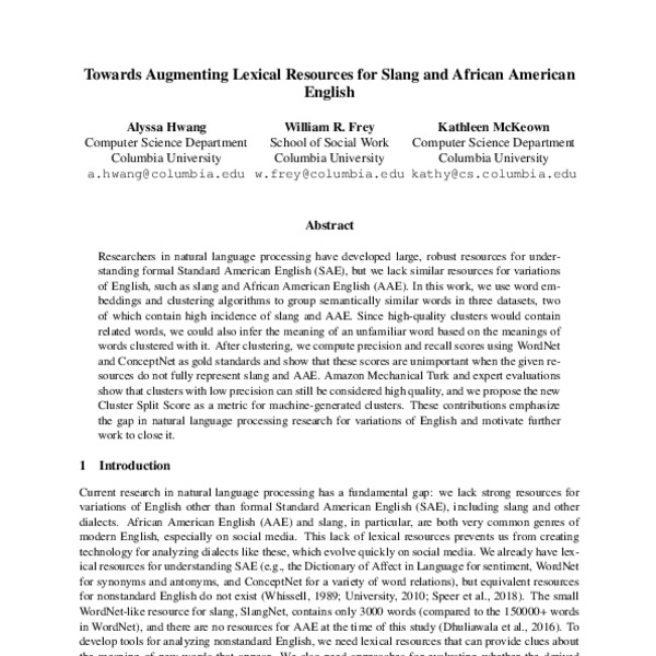 Towards Augmenting Lexical Resources for Slang and African American ...