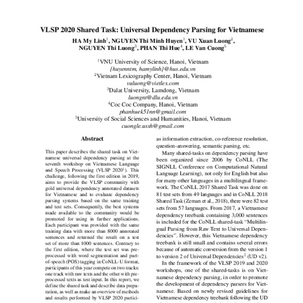 Vlsp 2020 Shared Task Universal Dependency Parsing For Vietnamese Acl Anthology