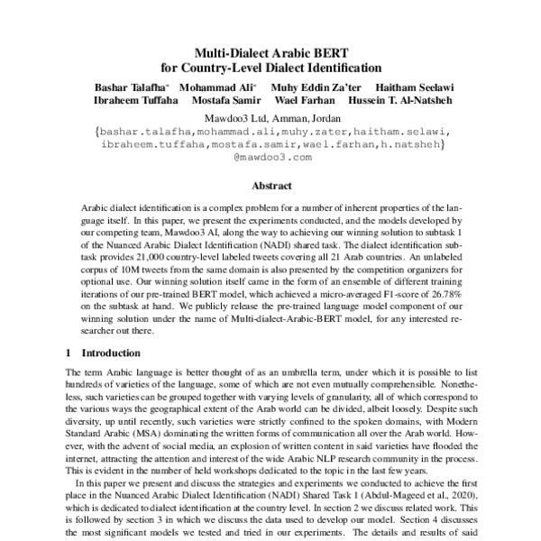 Multi-dialect Arabic BERT for Country-level Dialect Identification ...