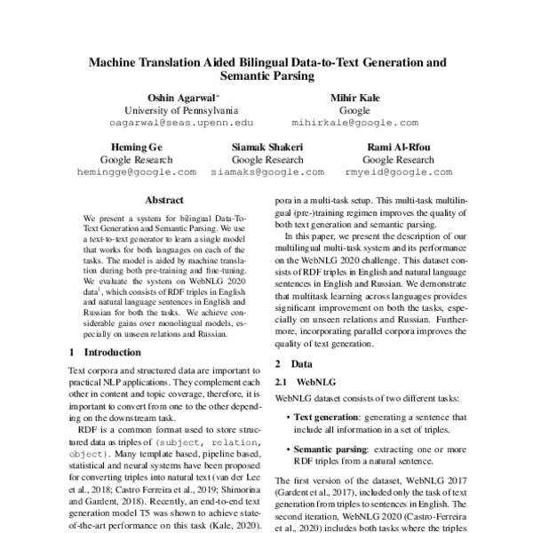 Machine Translation Aided Bilingual Data-to-Text Generation and Semantic Parsing - ACL Anthology